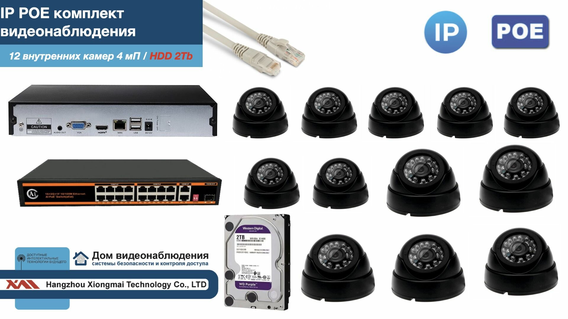 Полный IP POE комплект видеонаблюдения на 12 камер (KIT12IPPOE300B4MP-HDD2Tb)