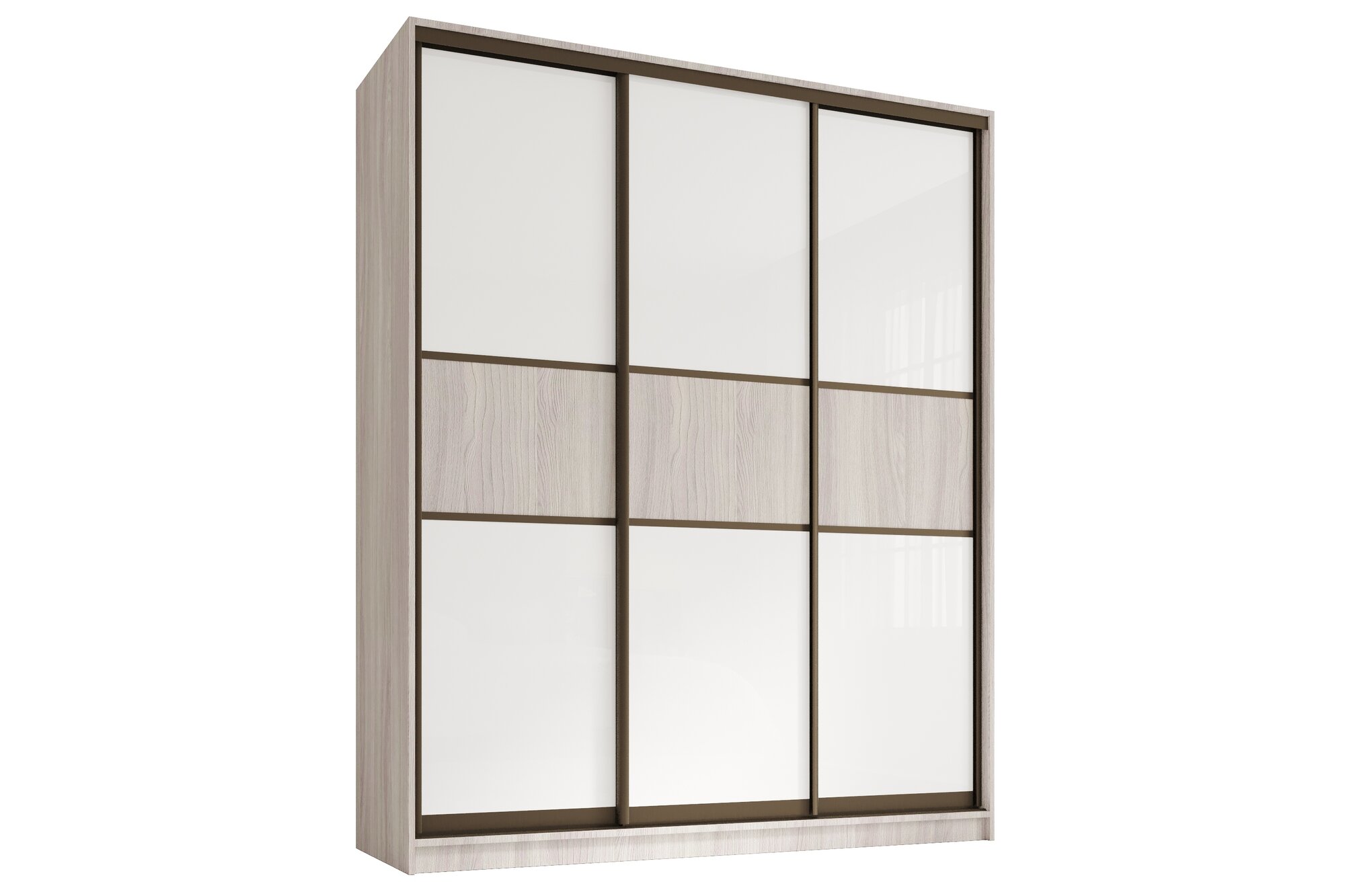 Шкаф купе для одежды Кастелло 3, Oracal белый, МФ-Купе, 160х45х240, белье/платье, ясень шимо светлый, профиль коньяк