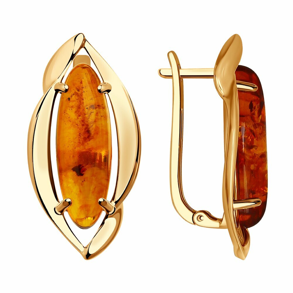 Серьги, серебро, 925 проба, золочение, янтарь прессованный