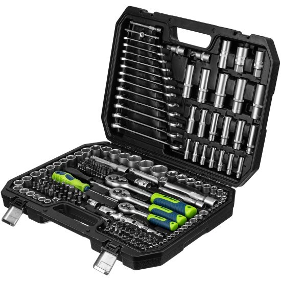 Сибртех Набор инструментов, 1/2", 3/8", 1/4", пластиковый кейс 215 предм, , 14170