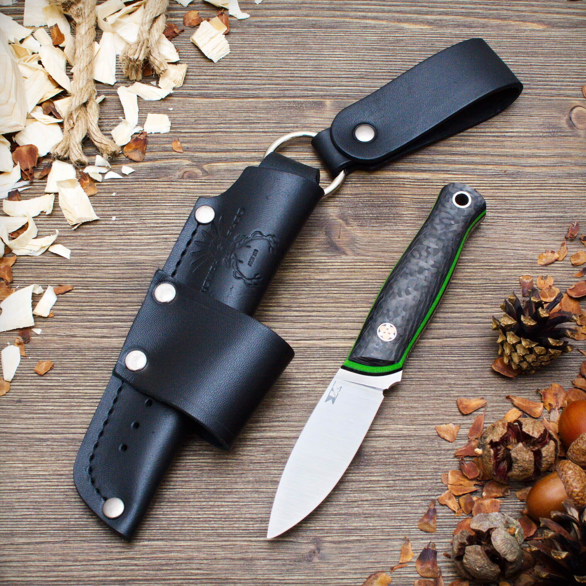 Нож туристический Колибри AUS-10 Cryo Сатин Carbon+G10 Черный-Зеленый Цельнометаллический (Full-tang) 7 Ножей (Seven Knives)