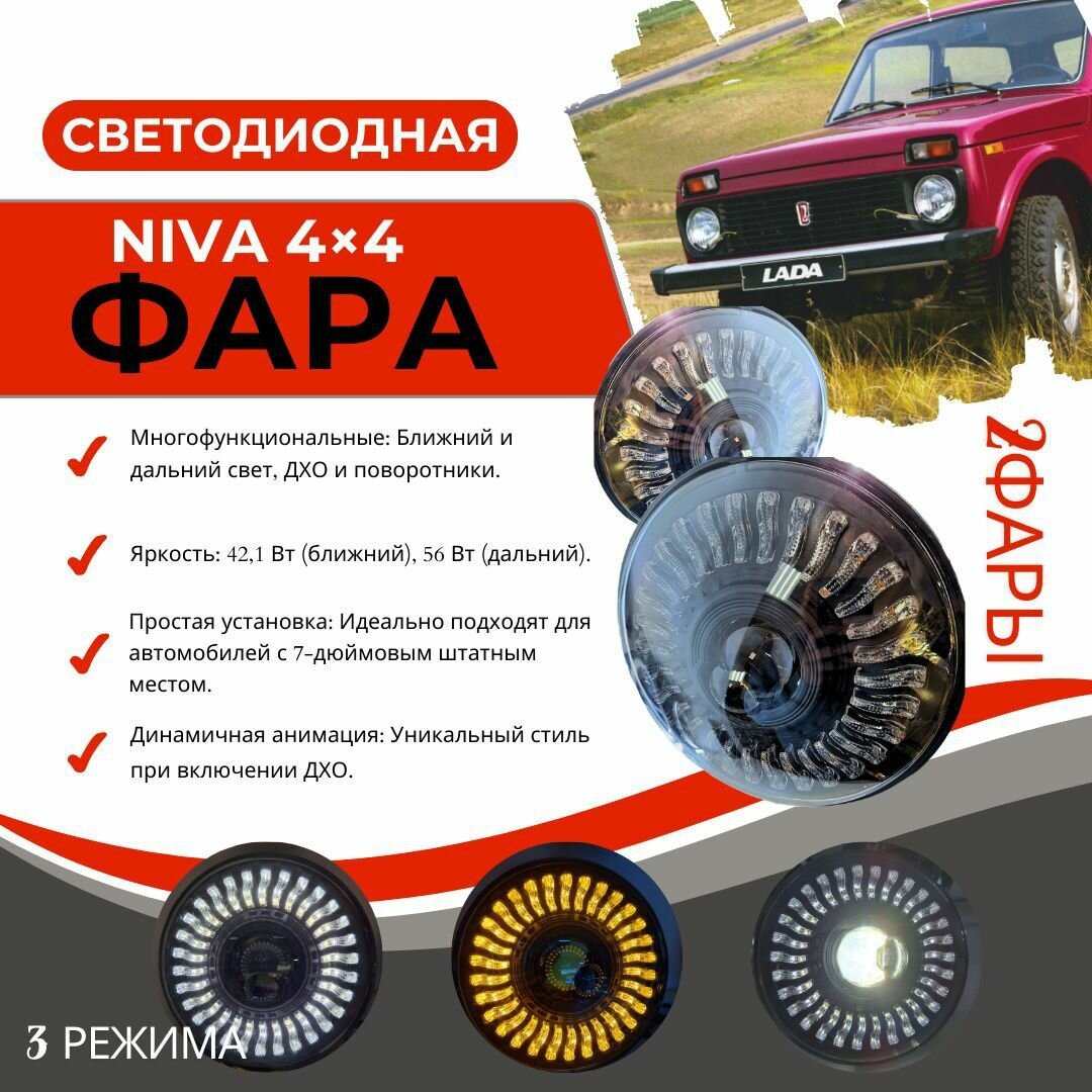 Светодиодные фары Niva 4х4 (7 дюймов) ближний 42/дальний 56 Вт