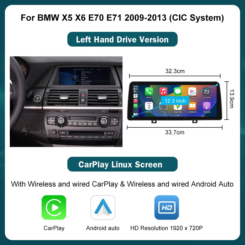 RoadTop Wireless Carplay для BMW X5 X6 E70 E71 2007-2013 CCC CIC System Мультимедийный дисплей Сенсорный экран Android автоматический головное устройство 12.3 CIC LHD