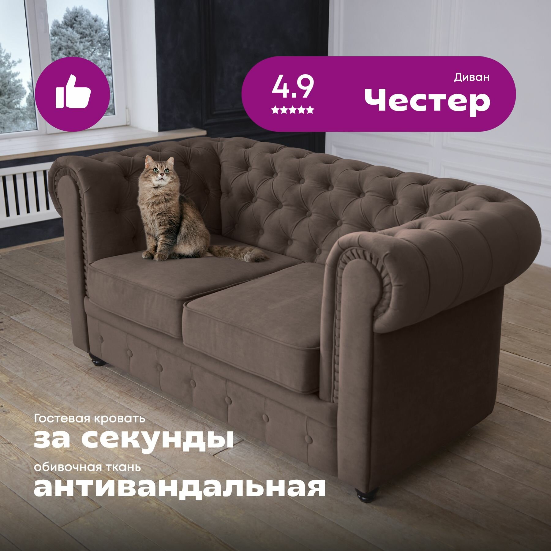 Прямой диван в гостиную "Честер" с раскладушкой (темно-коричневый Teddy 727)