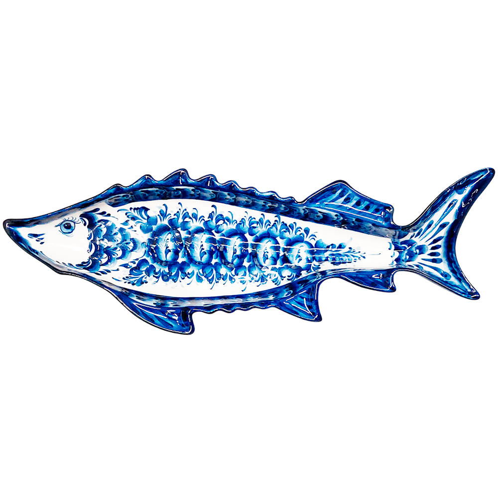 Фарфоровая селедочница ручной работы "Осётр", гжель