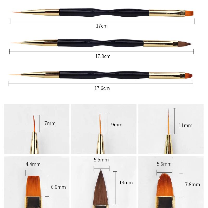 Набор из 3 кистей для ногтей Copper Handle+ Nylon Hair