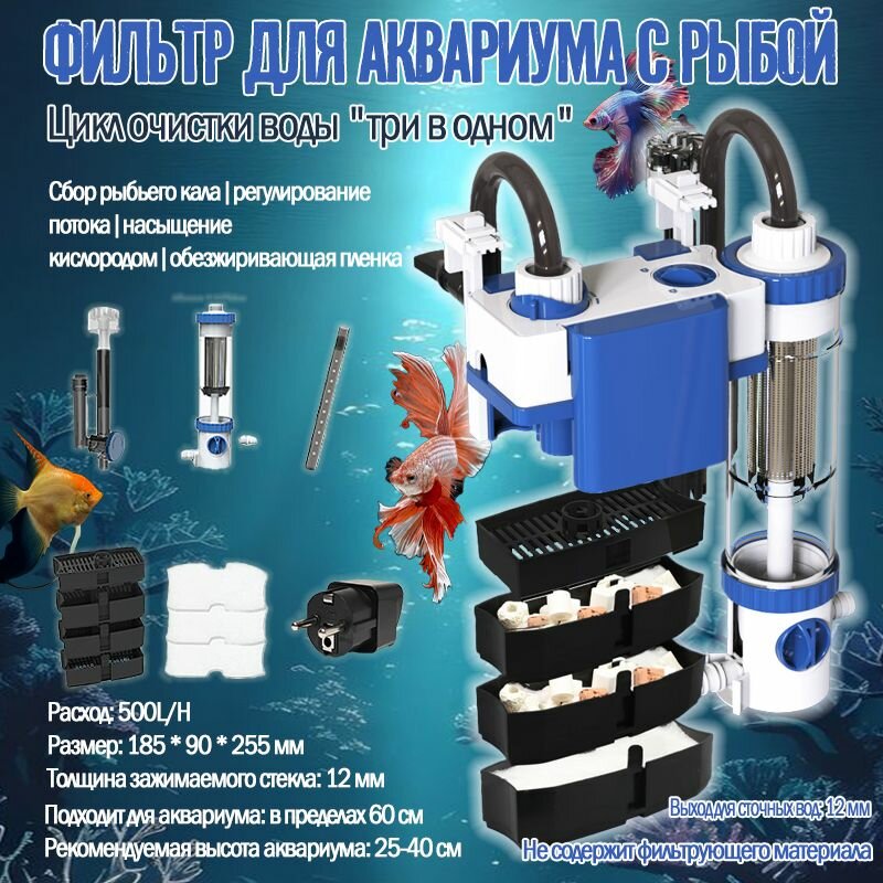 Квариумный фильтр-аэратор с встроенной системой очистки воды, увеличением содержания кислорода, отделением и сбором рыбьего помёта, биологической фильтрацией и удалением жировой пленки.