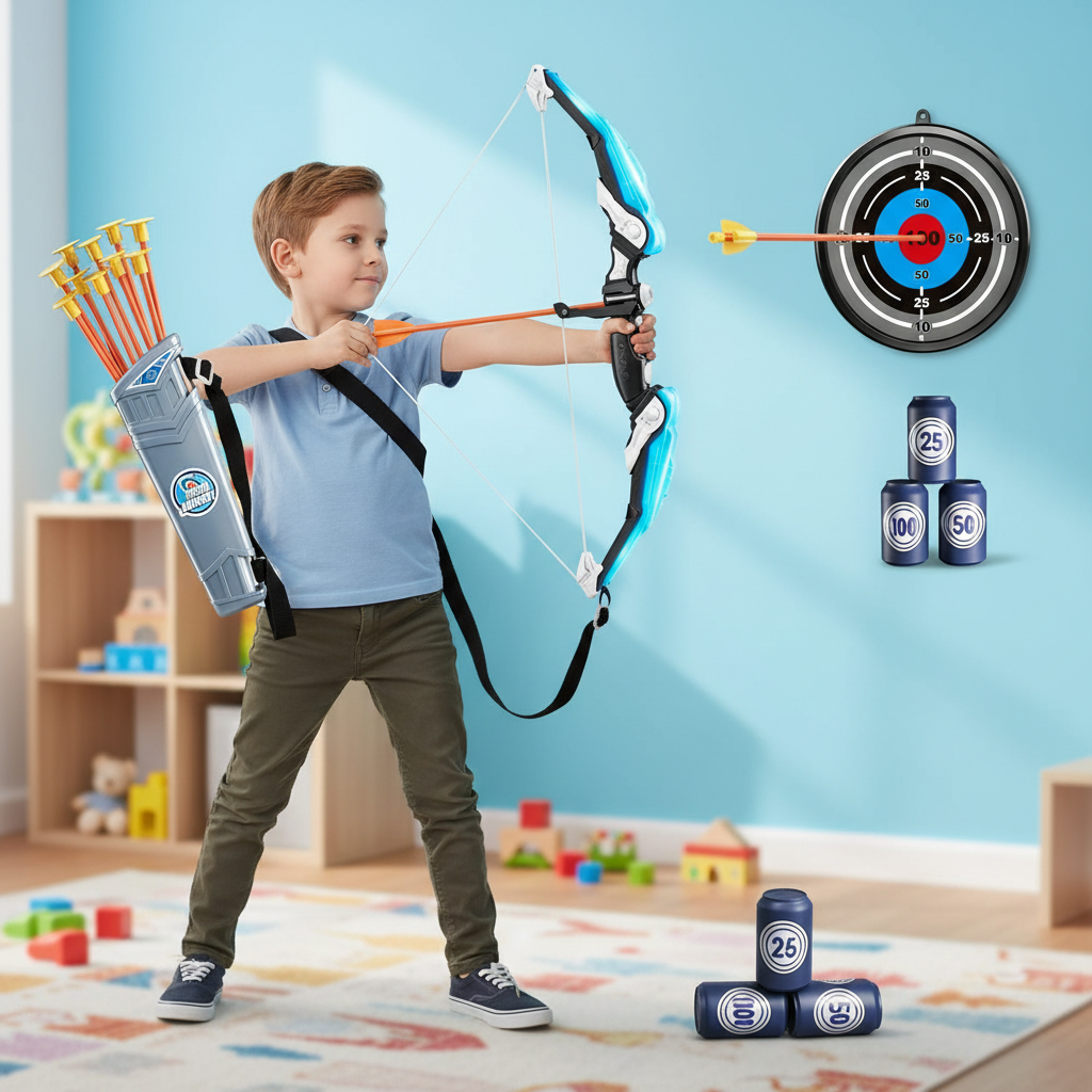 Детский лук и стрела со светодиодной подсветкой, включает в себя 10 стрел на присоске, мишень и колчан