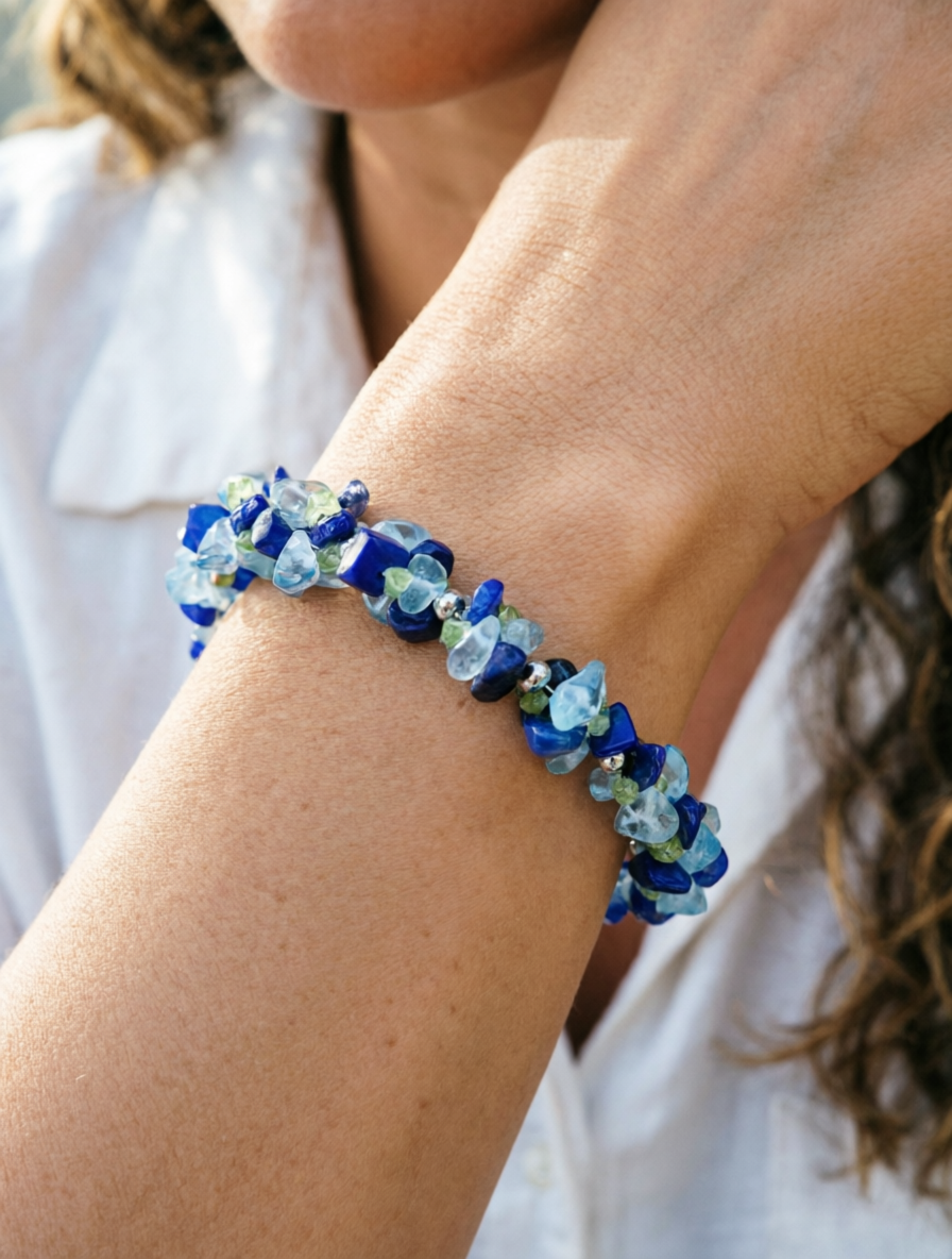 Плетеный браслет, хризолит, аквамарин, лазурит