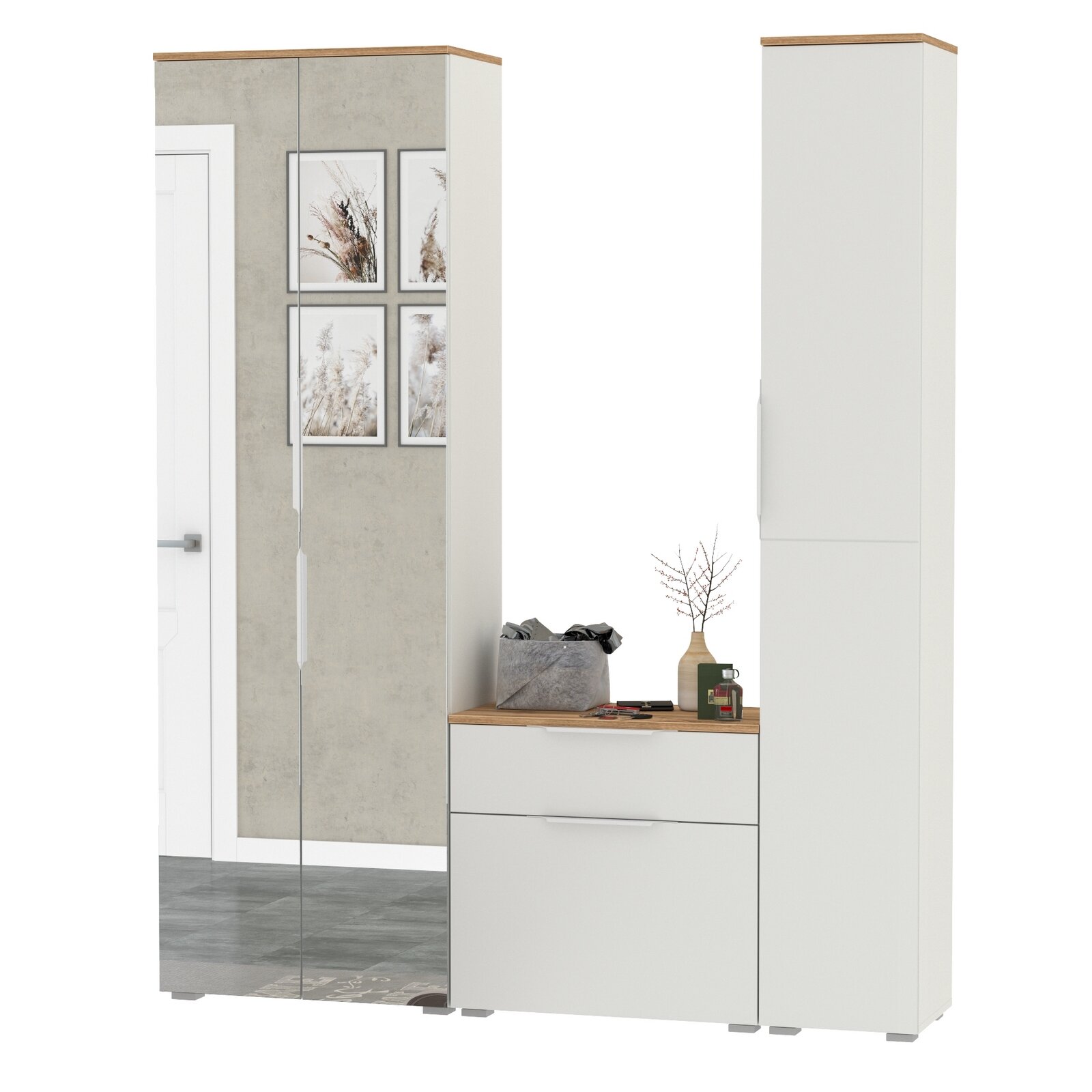 Шкаф с зеркалом и пенал с обувницей Моби Октава цвет белый шагрень/дуб крафт золотой, 161,5х35,4х197,6 см