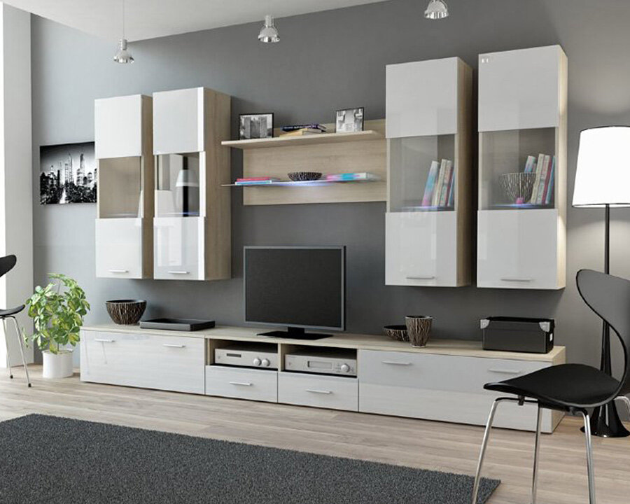 Гостиная Дрим МДФ Белый DM635-6 / Дуб Сонома 3025 NEW 300x45x180 см, белый, дуб сонома Фиеста