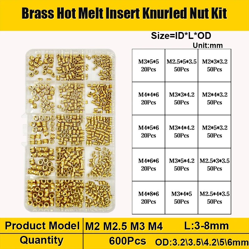 Комплект медных гаек с латунной вставкой M2 M2.5 M3 M4 M5 M6 M2-M4 (600pcs)