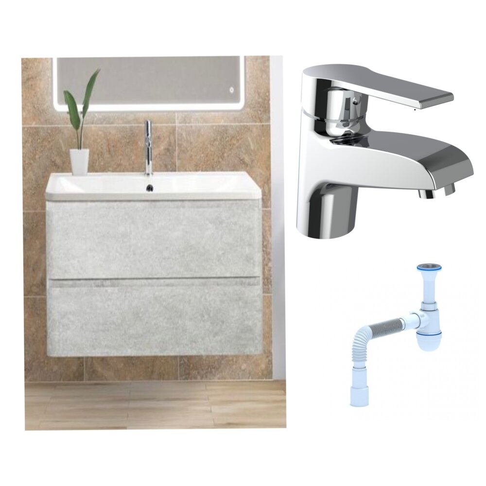 Комплект: Тумба с раковиной BelBagno Albano 100 cemento verona grigio + Смеситель Agger Right A2902100 для раковины однорычажный хром + Сифон АниПласт 139697 + A2902100 + C2015xrv