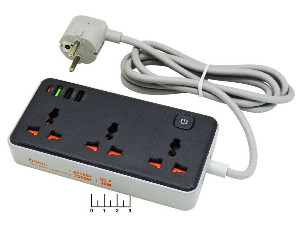 Сетевой фильтр 3/1.5м + 3USB + Type C AC8A с выключателем Hoco черный 30W (max-10A)