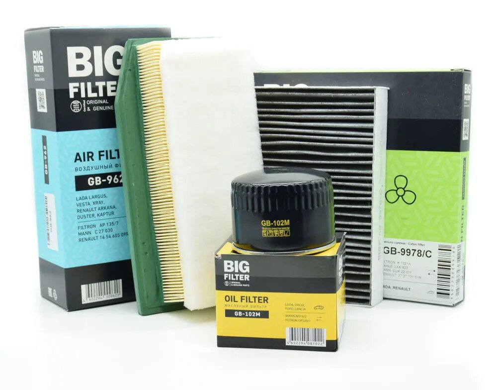 Комплект фильтров для Лада Веста, Х-Рей до 08.2019, двигатели ВАЗ-21179, 21129, фильтр масляный, воздушный, салонный угольный, BIG-FILTER