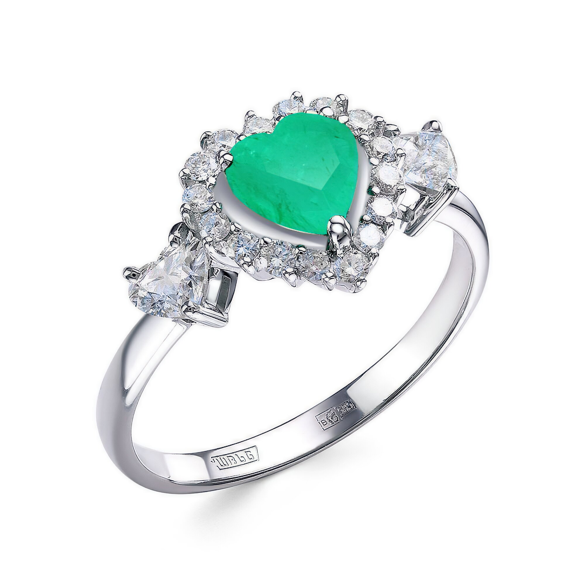 Кольцо, белое золото, 585 проба, изумруд, бриллиант