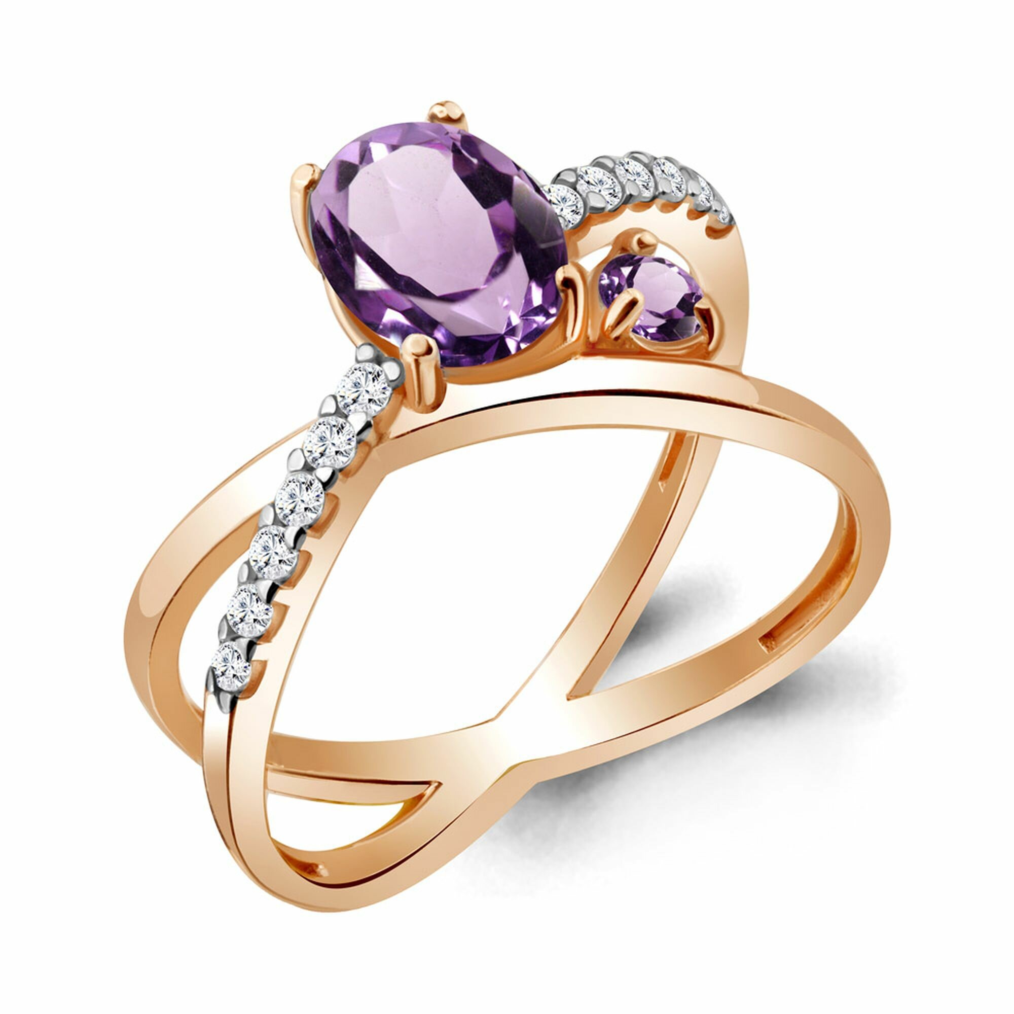 Кольцо, серебро, 925 проба, золочение, фианит, аметист