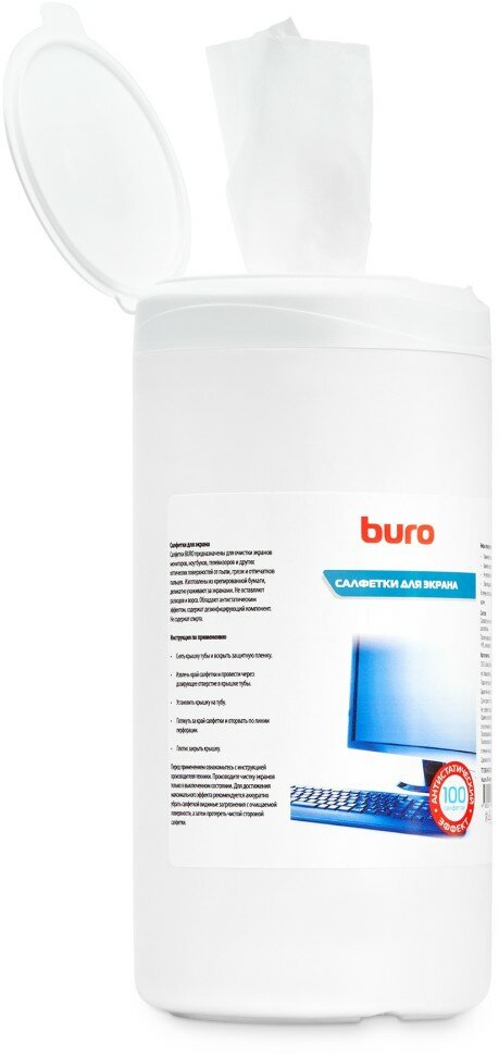 Салфетки Buro BU-Ascreen для экранов мониторов/плазменных/ЖК телевизоров/ноутбуков туба 100шт влажных — фото 1