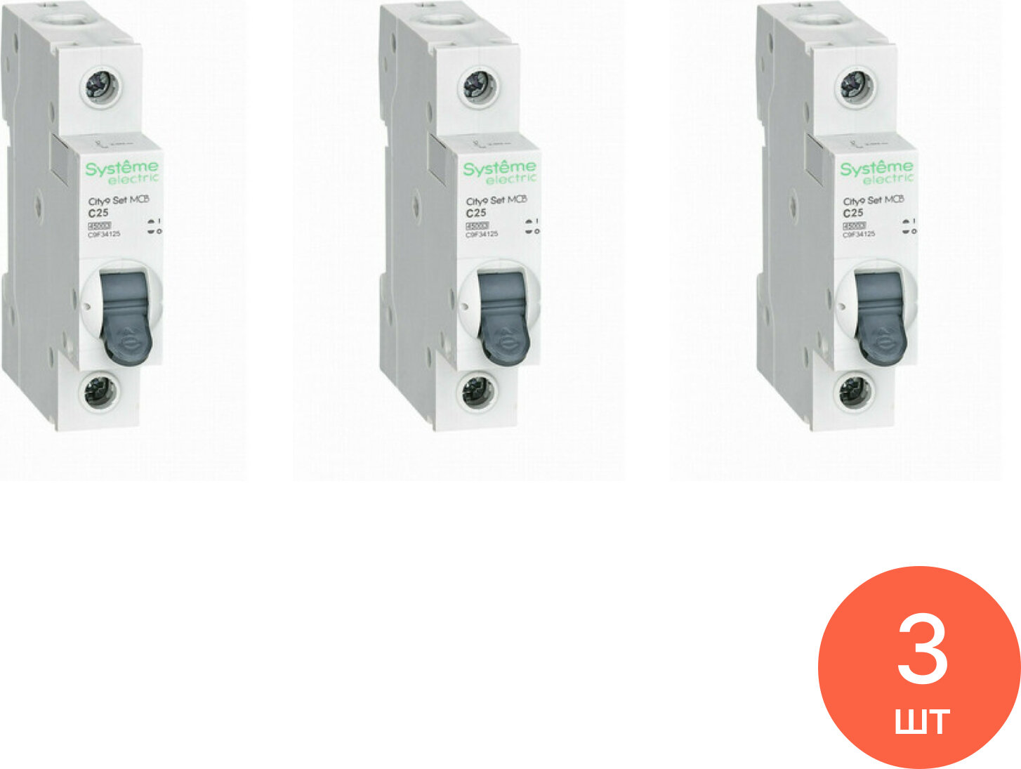 Автоматический выключатель Systeme Electric / Систем Электрик City9 Set, 1Р 25А характеристика С 4.5кА, C9F34125 / электроавтомат (комплект из 3 шт)