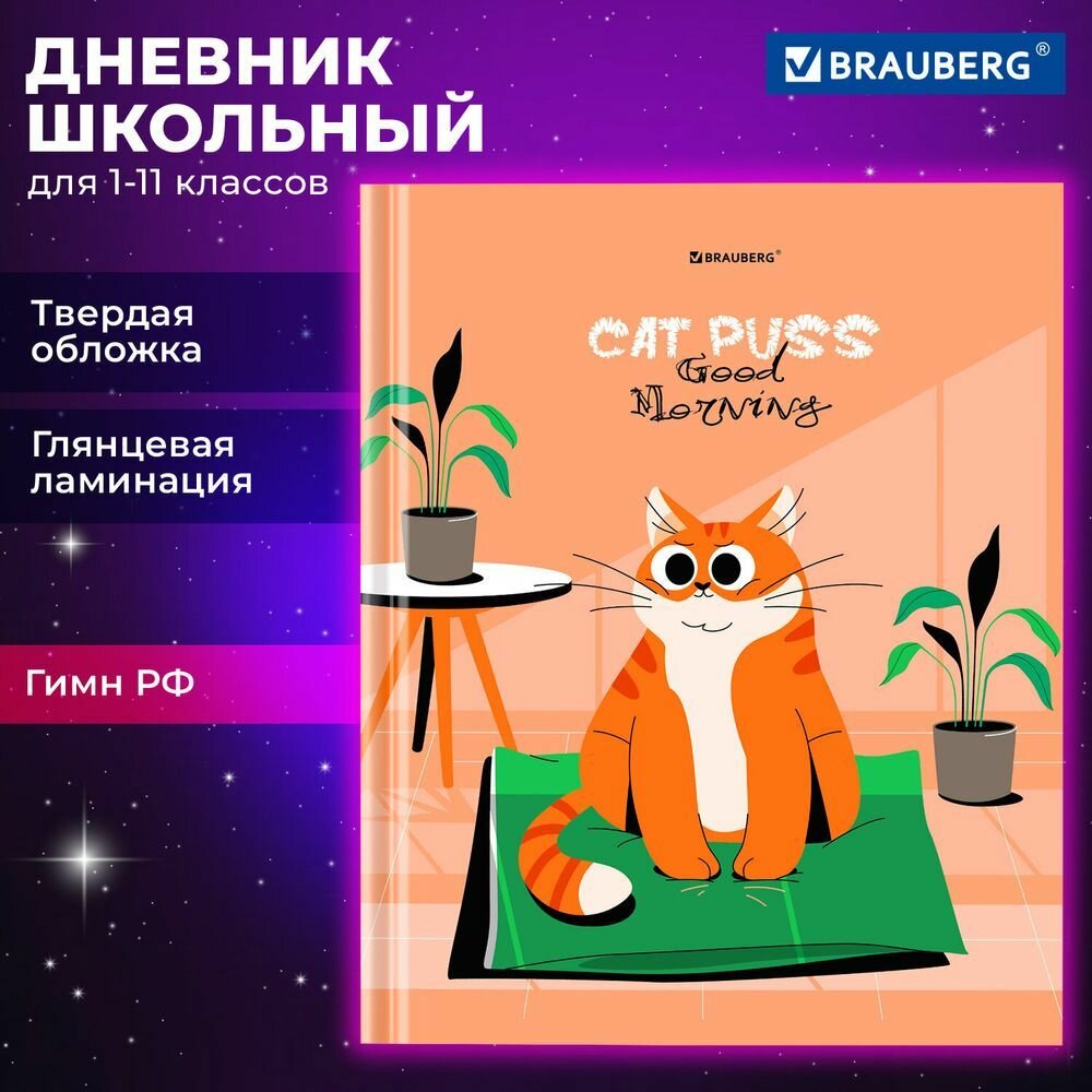 Дневник 1-11 класс 40 л, твердый, BRAUBERG, глянцевая ламинация, "Cute cat", 106852
