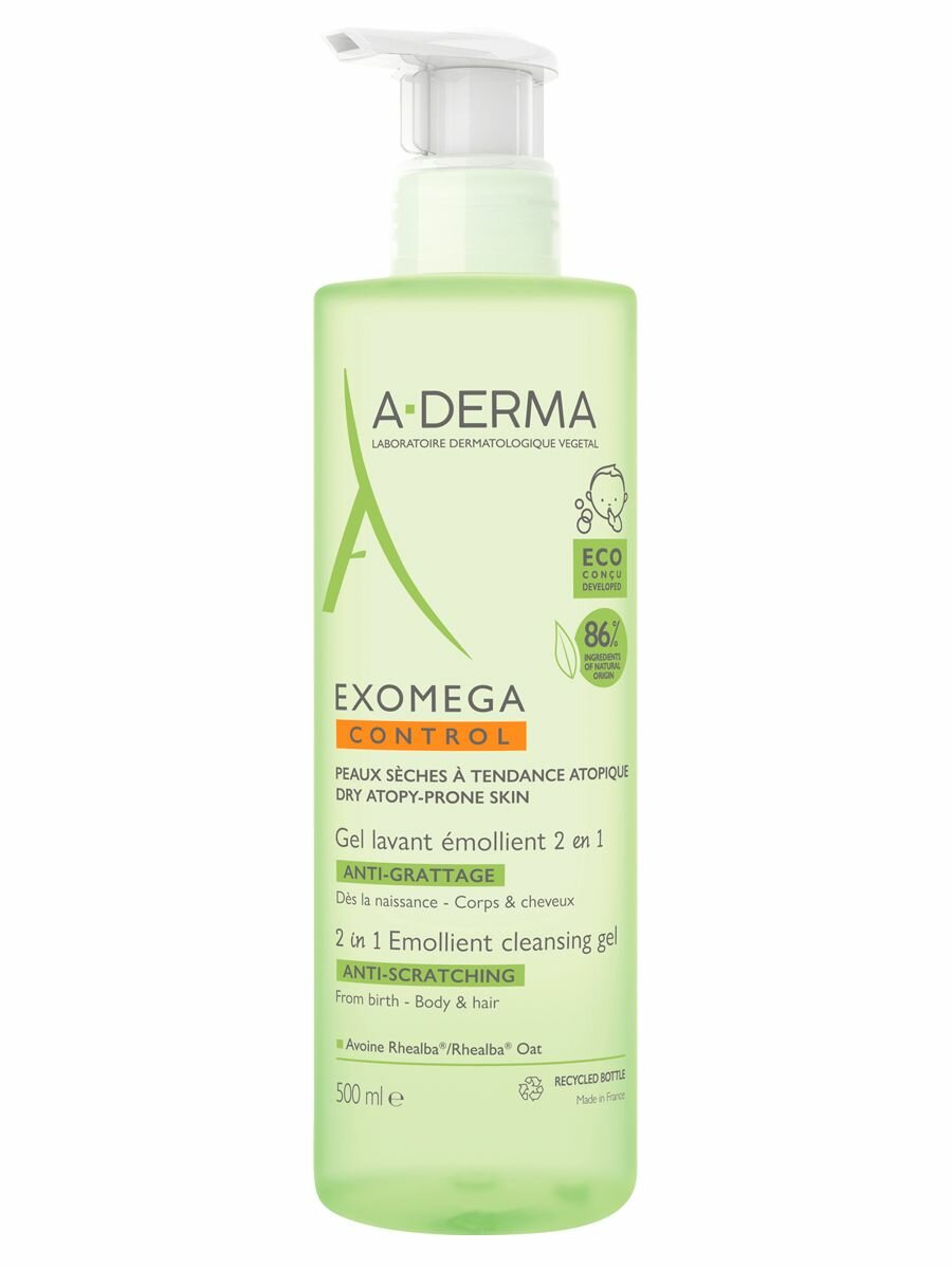 A-Derma Exomega Control гель очищающий 2 в1 ддля тела и волос 500 мл