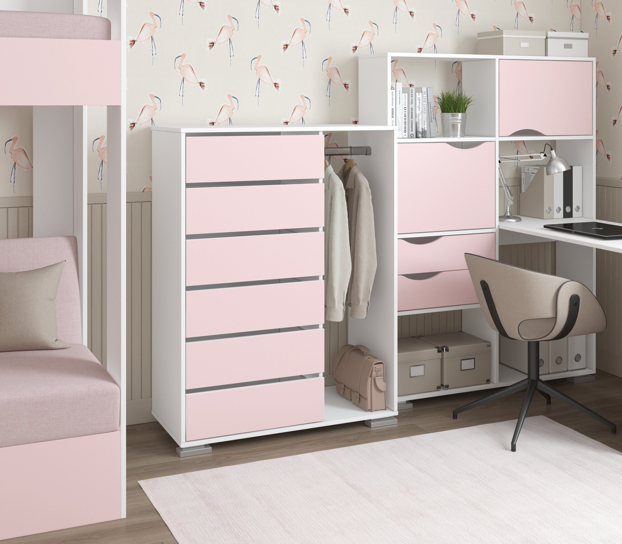 Шкаф, комод, шкаф-комод с ящиками, со штангой Есэндвич L Лаворо, 100х50х120 см, левый (Белый/Розовый кварц)