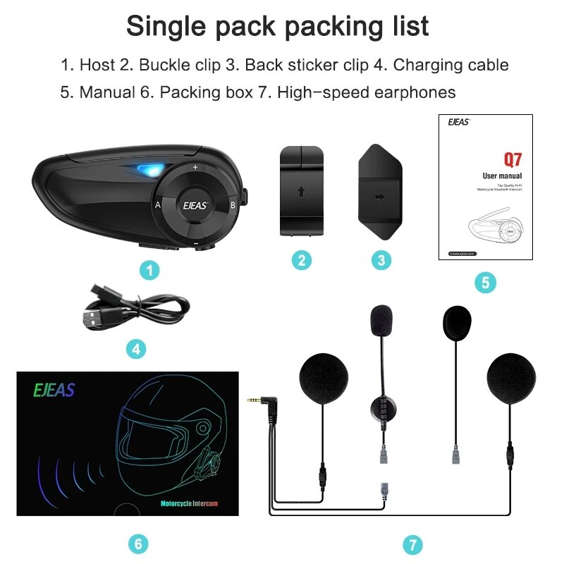 EJEAS Q7 Bluetooth мотогарнитура для шлема, 1 Set No Remote