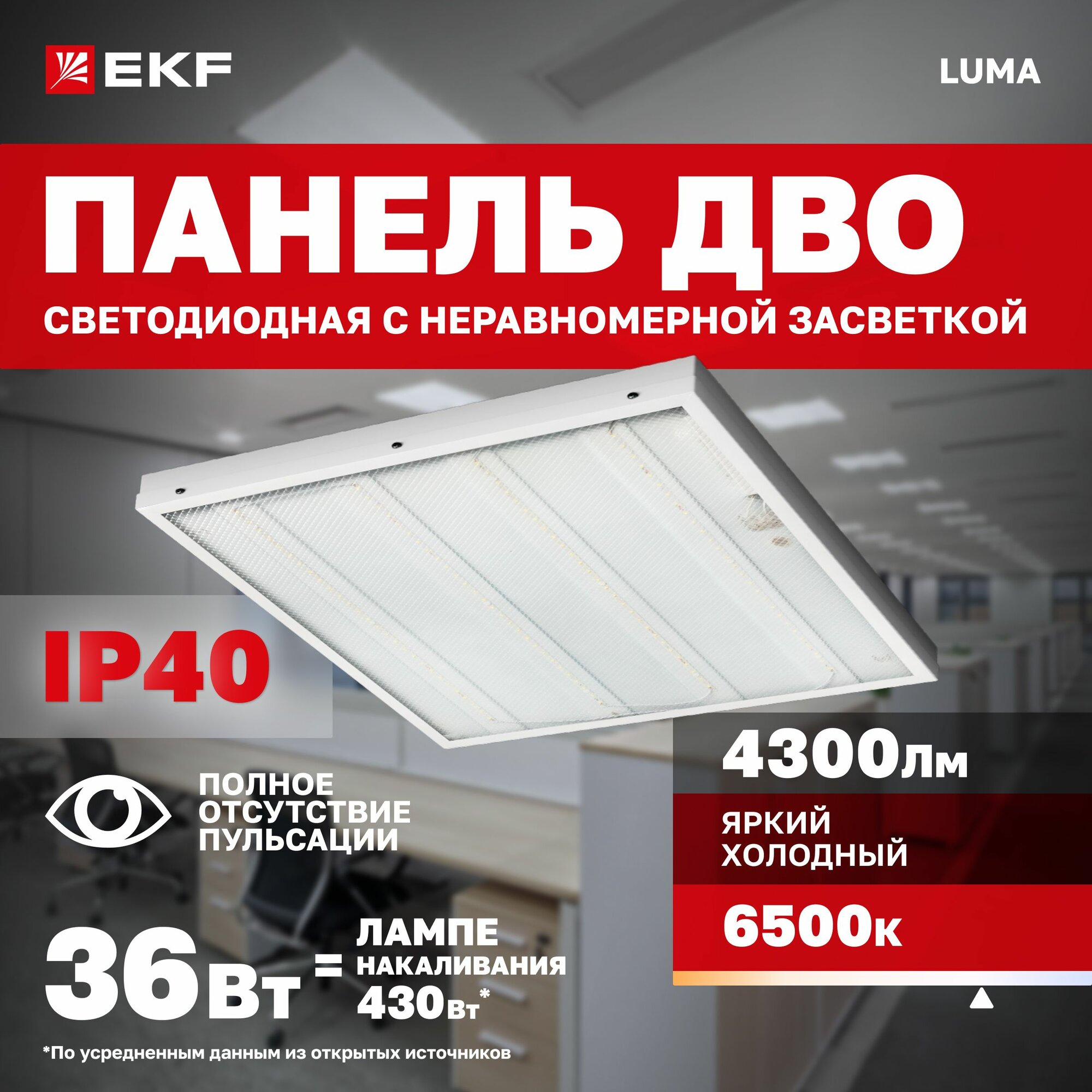 Светодиодная панель 36Вт 6500K 4300Лм призма 595x595мм IP40. Светильник потолочный армстронг универсальный LED LUMA холодный белый; EKF ДВО-1002