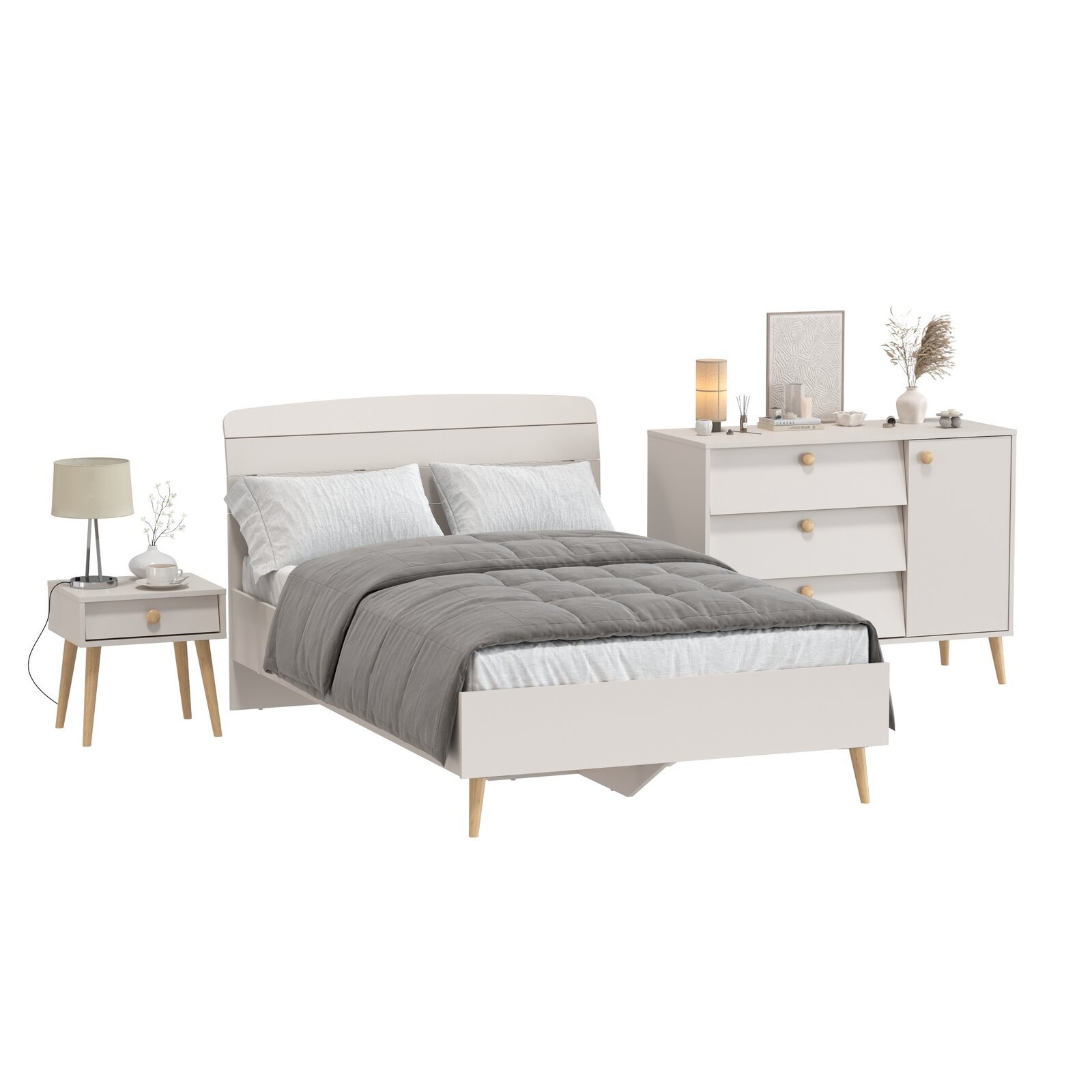 Кровать Афина 1200 односпальная с комодом и тумбочкой, цвет кашемир серый, 3 предмета