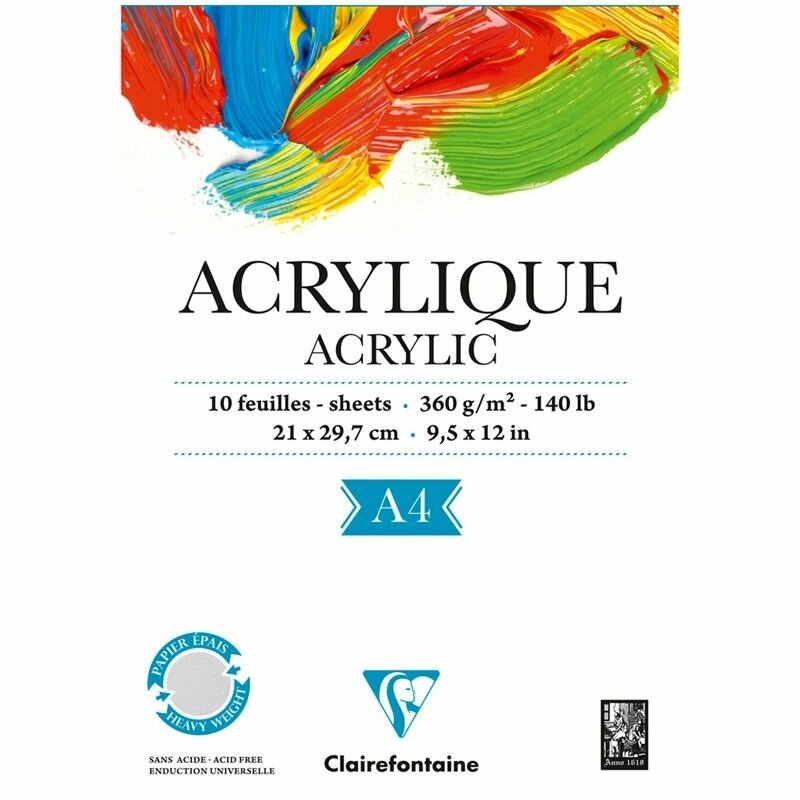 Альбом для акрила, 10л, А4, на склейке Clairefontaine "Acrylic", 360г/м2 96308C