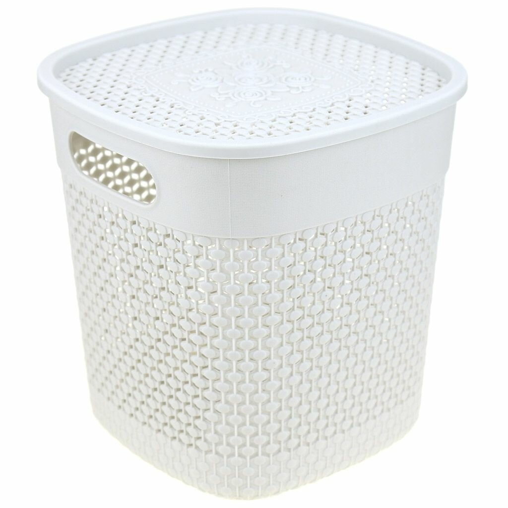 Корзина-ящик Домашняя Мода пластмассовая, "Оренбургская сеточка" 19,5х19,5 см, высота 21 см, крышка с декором, с ручками, светло-серый