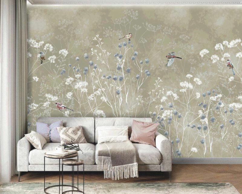 Обои бесшовные "Птички Урагусы" бежевый теплый (ширина 2750мм х длина 3500мм)