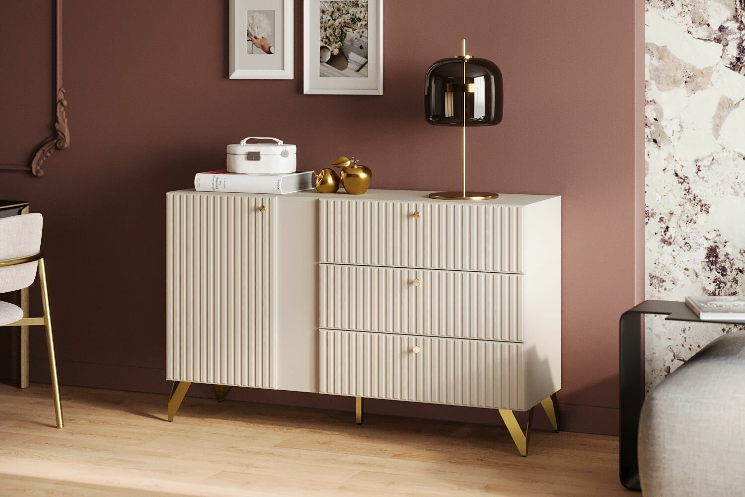 Комод для одежды RENO КД-3, шкаф для вещей с ящиками и распашными дверцами, Кашемир, (ШхВхГ)1380х840х426 мм