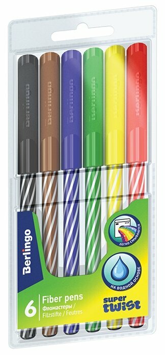Фломастеры Berlingo SuperTwist, 06цв, смываемые, рисунок на корпусе, блистер, WP_03006/276545