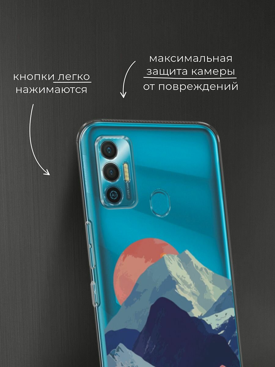 Чехол на Tecno Spark 7 / Техно Спарк 7 с принтом "Закат в снежных горах", прозрачный — фото 1