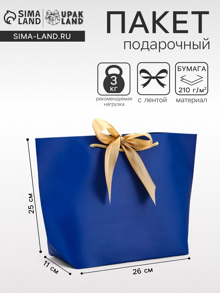 Пакет подарочный с лентой 26 х 25 х 11 см "Синий" 9624181