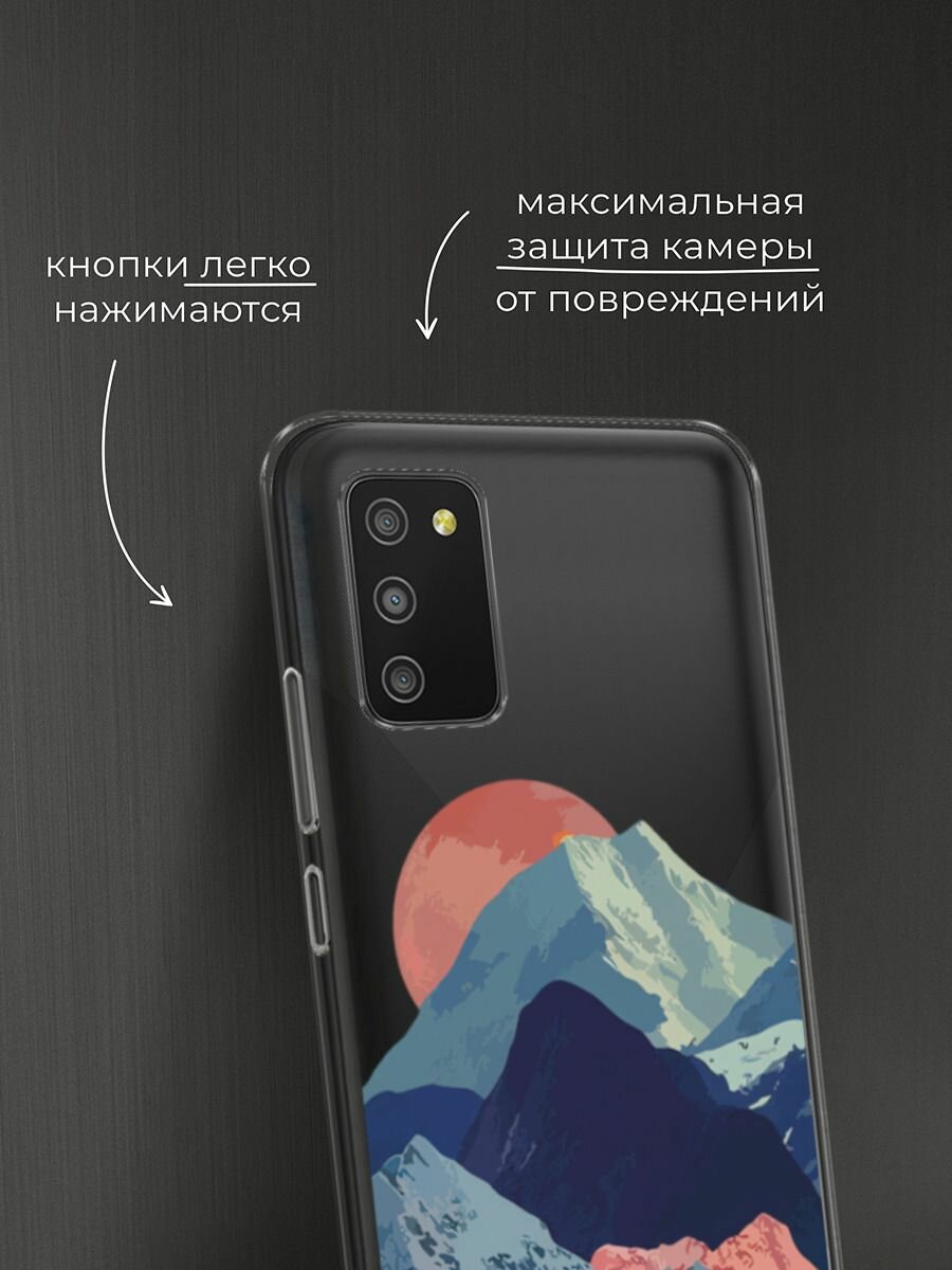 Чехол на Samsung Galaxy A02s / Самсунг Галакси A02s с принтом "Закат в снежных горах", прозрачный — фото 1