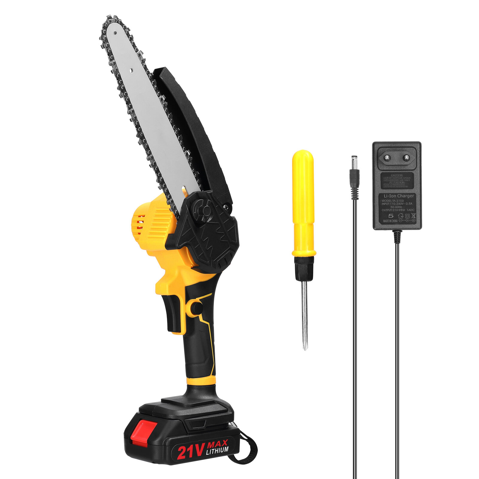 21V 8inch Портативная Электрическая Пилорама Маленькая Древопилка Щетчатая Мотор Однорукая Древообрабатывающее Инструмент с Системой Смазки для Садового Садового Срубания Использование 1300mAh 5m/s ABS+металл 450x200x110mm