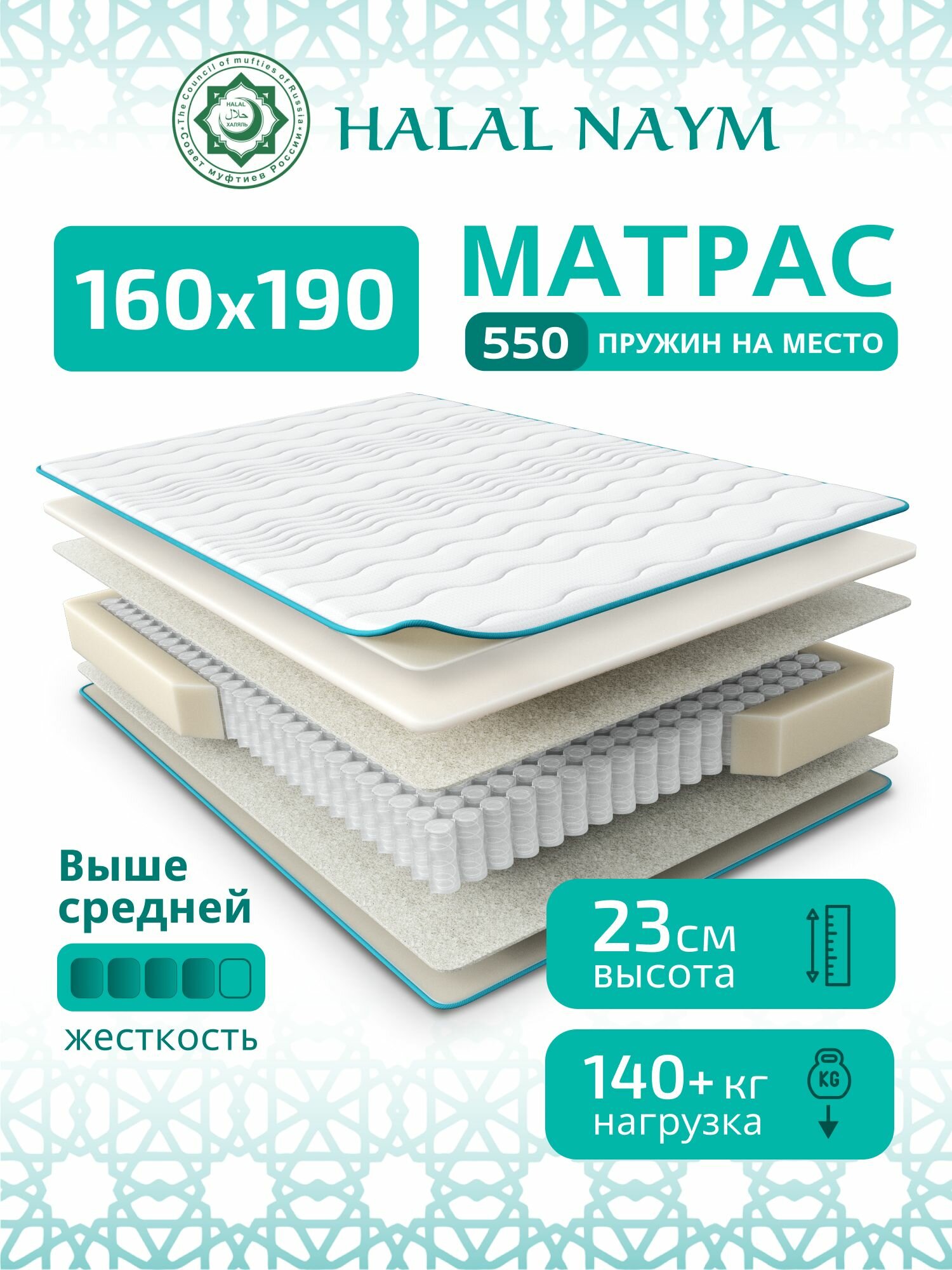 Матрас ортопедический пружинный 160х190 см Halal Naym, независимые пружины, высота 23 см, 1 шт, белый