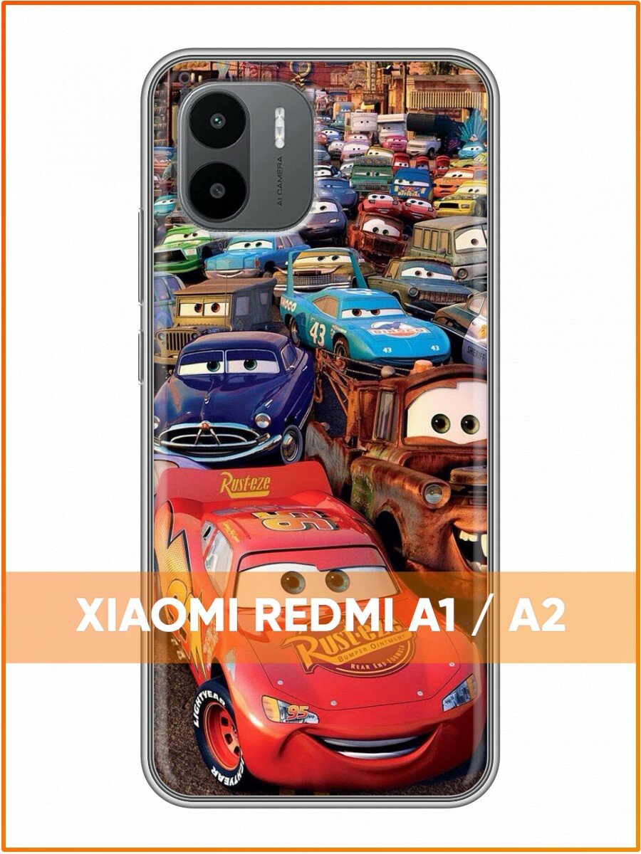 Чехол для Xiaomi Redmi A1, Xiaomi Redmi A2 с принтом Молния Маккуин и машины (Сяоми Редми А1, Сяоми Редми А2)