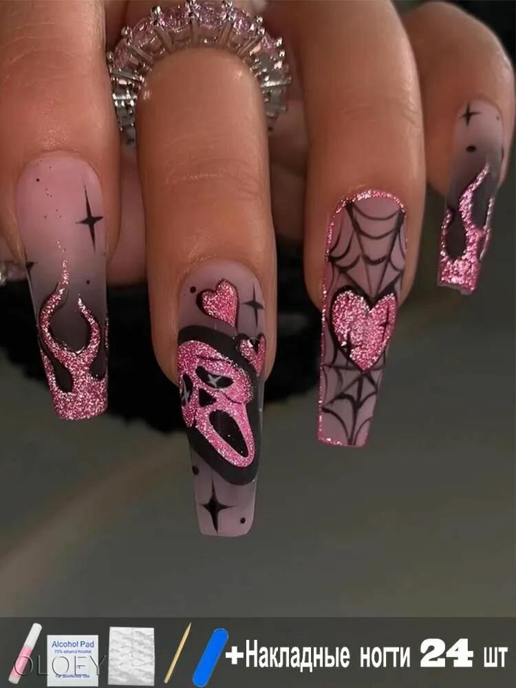 Накладные Ногти с дизайном, Узор из паутины и черепа, Стиль Хэллоуина(24 типсы + клей+ клеевые стикеры + пилочка)