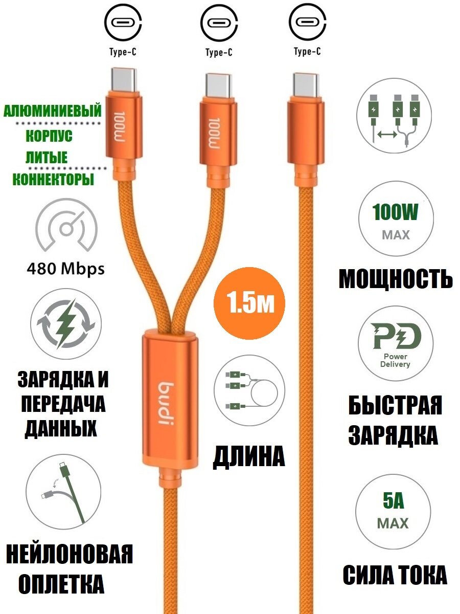Кабель 2 в 1 USB-С - 2 x USB-C быстрая зарядка PD 100W 5А нейлон Cosmic Orange