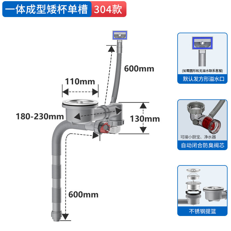 Слив для кухонной мойки с задним креплением, двойной слив, компактный слив для кухонной мойки, антиинсектный, антизапаховый слив
