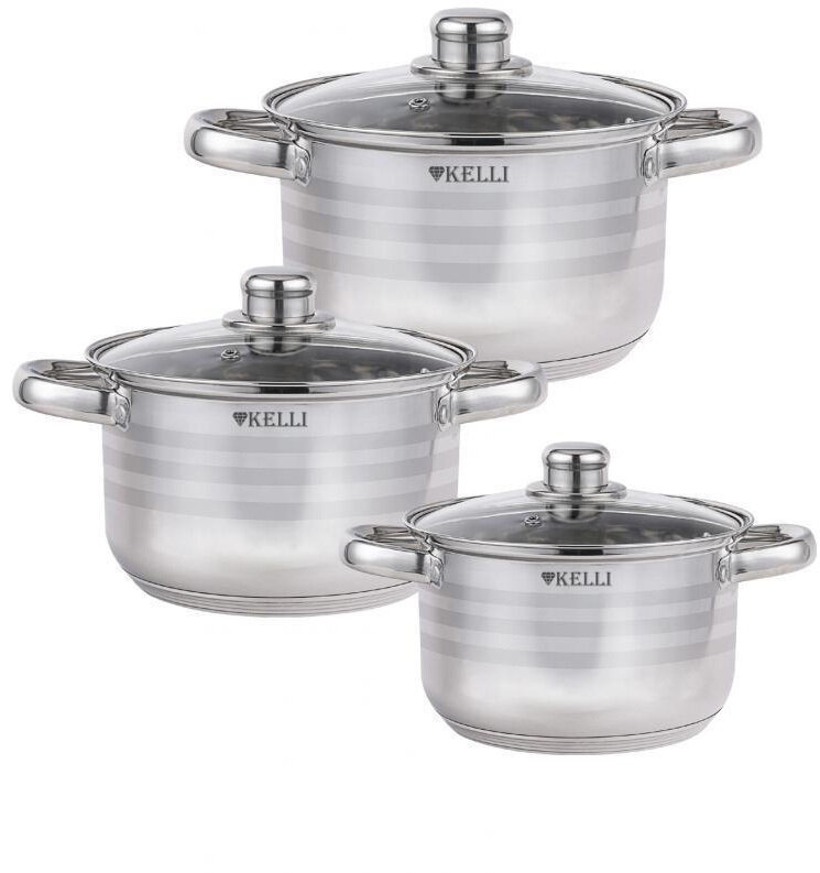 Набор кастрюль 2 л;2,5 л;3,5 л нержавеющая сталь с крышкой, для индукционных плит KELLI Stripes, нержавейка с толстым дном 2 литра для газовой плиты