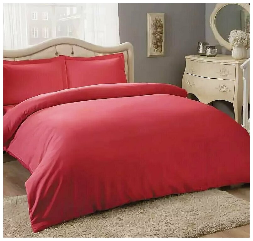 Постельное бельё сатин 2 спальное с Евро простыней - М - однотонный Красный