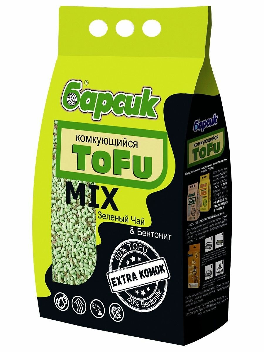 Наполнитель Барсик TOFU MIX Зеленый Чай & Бентонит Комкующийся 4,54л