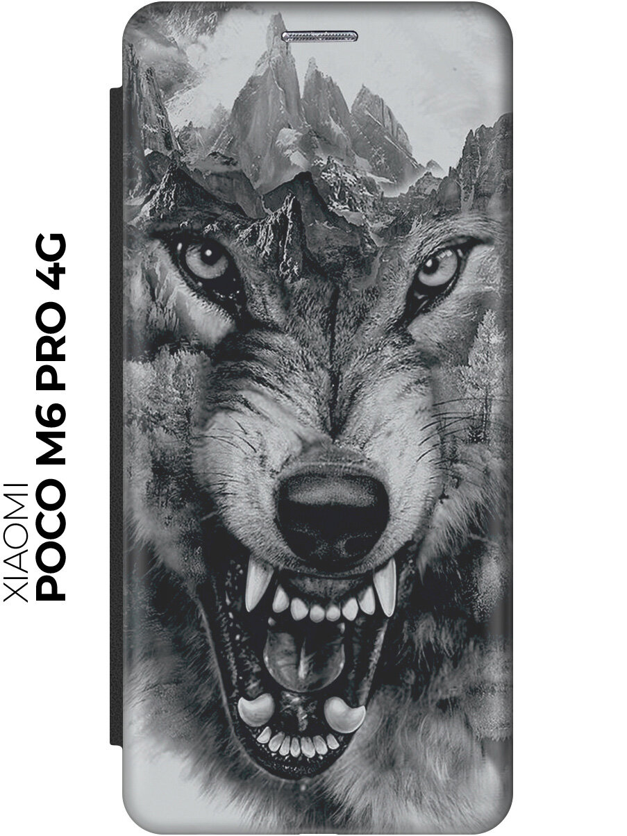 Чехол-книжка на Xiaomi Redmi Note 13 Pro 4G / Poco M6 Pro 4G / Сяоми Редми Ноут 13 Про 4г / Поко М6 Про 4г с рисунком "Волк в горах" черный
