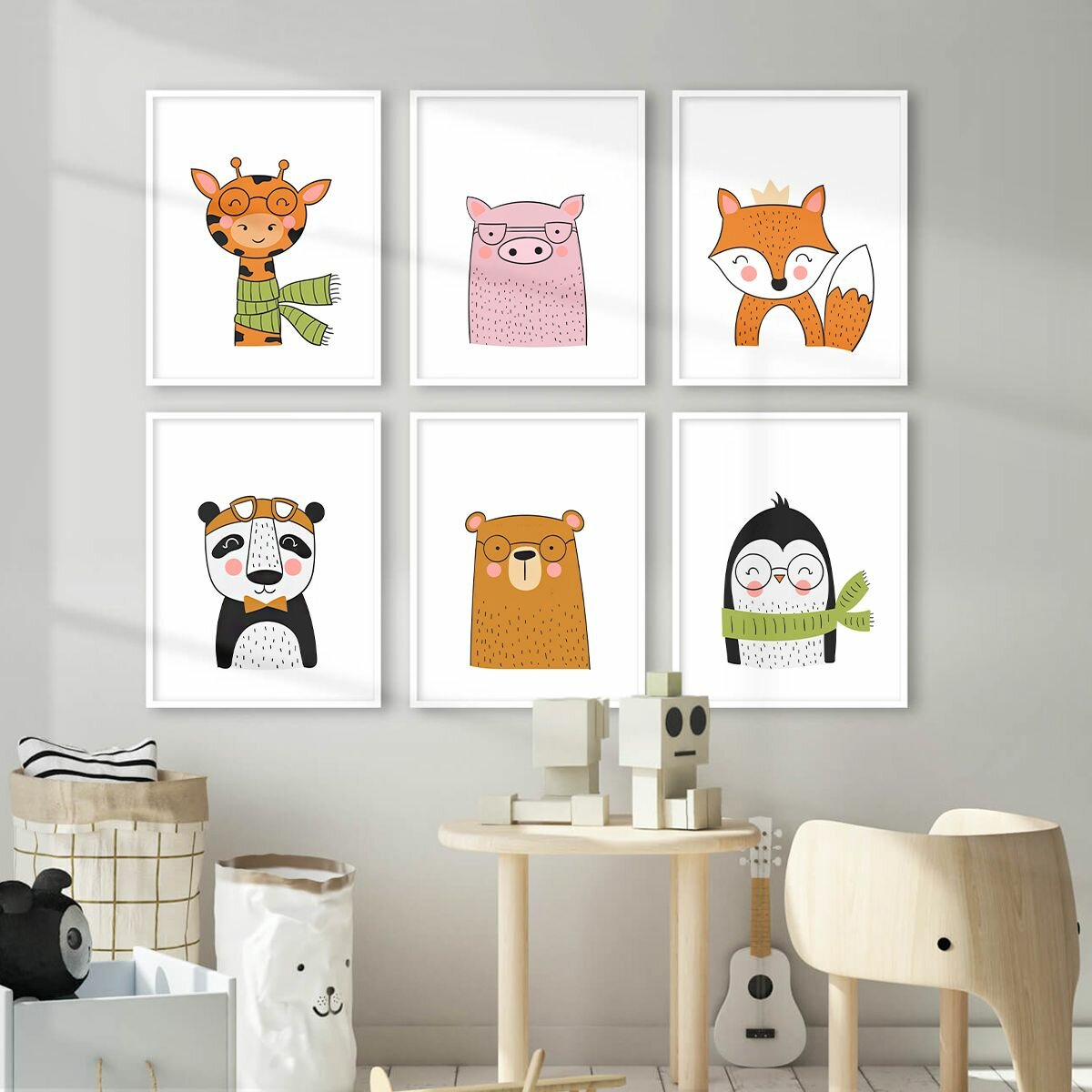 Постер 6 шт 50x70 без рамки "Животные минимализм" набор картин для интерьера