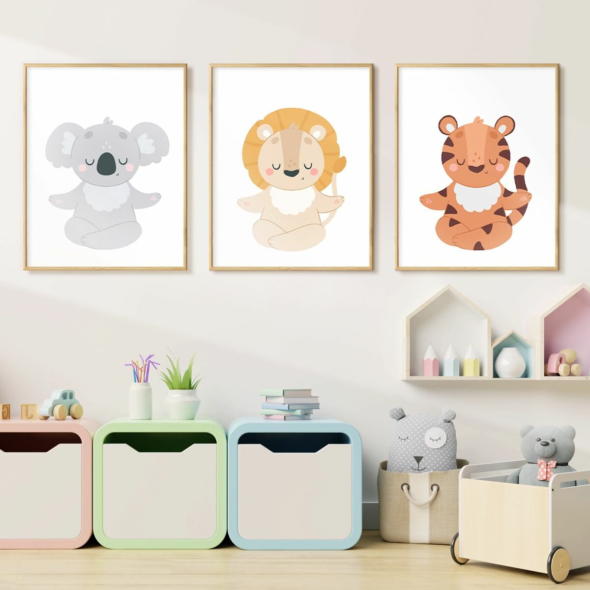 Постер 3 шт 40х50 без рамки "Животные Йога" набор картин для интерьера