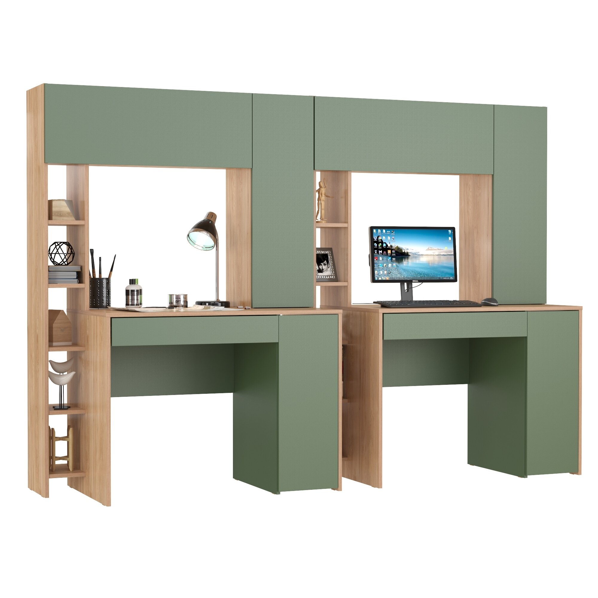 Два больших компьютерных стола Моби Комфорт 12.71 цвет гикори рокфорд/дымчатый зелёный